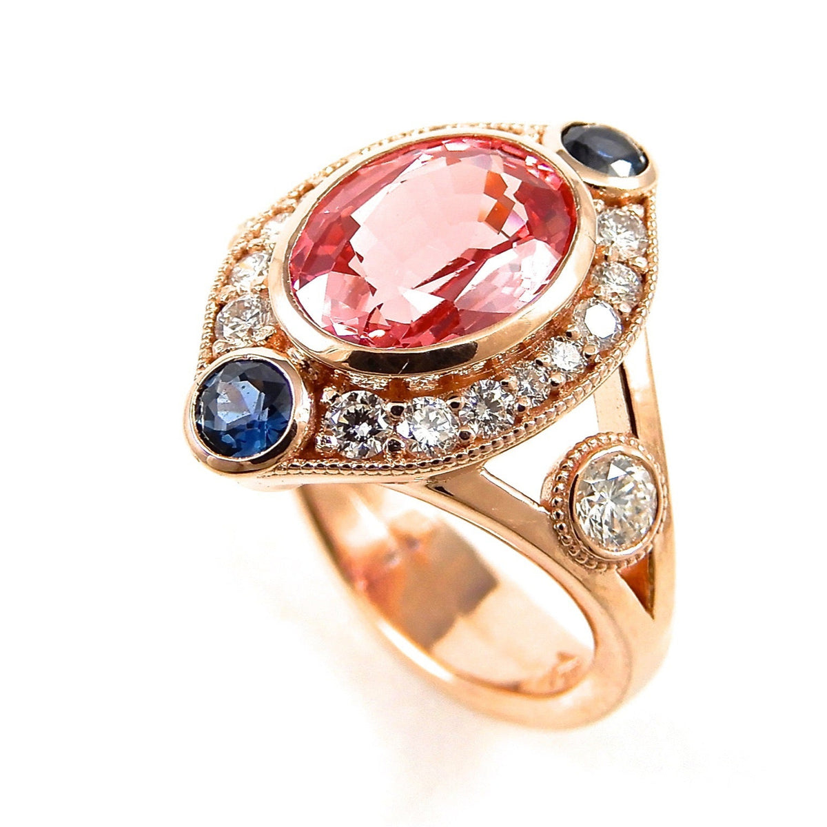 Padparadscha Sapphire and Diamond Halo Ring – T.K. Anderson Designs ...