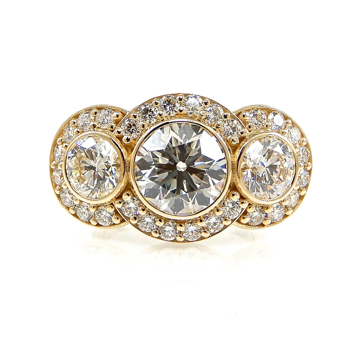 Three Stone Bezel Set Halo Engagement Ring – T.K. Anderson Designs ...